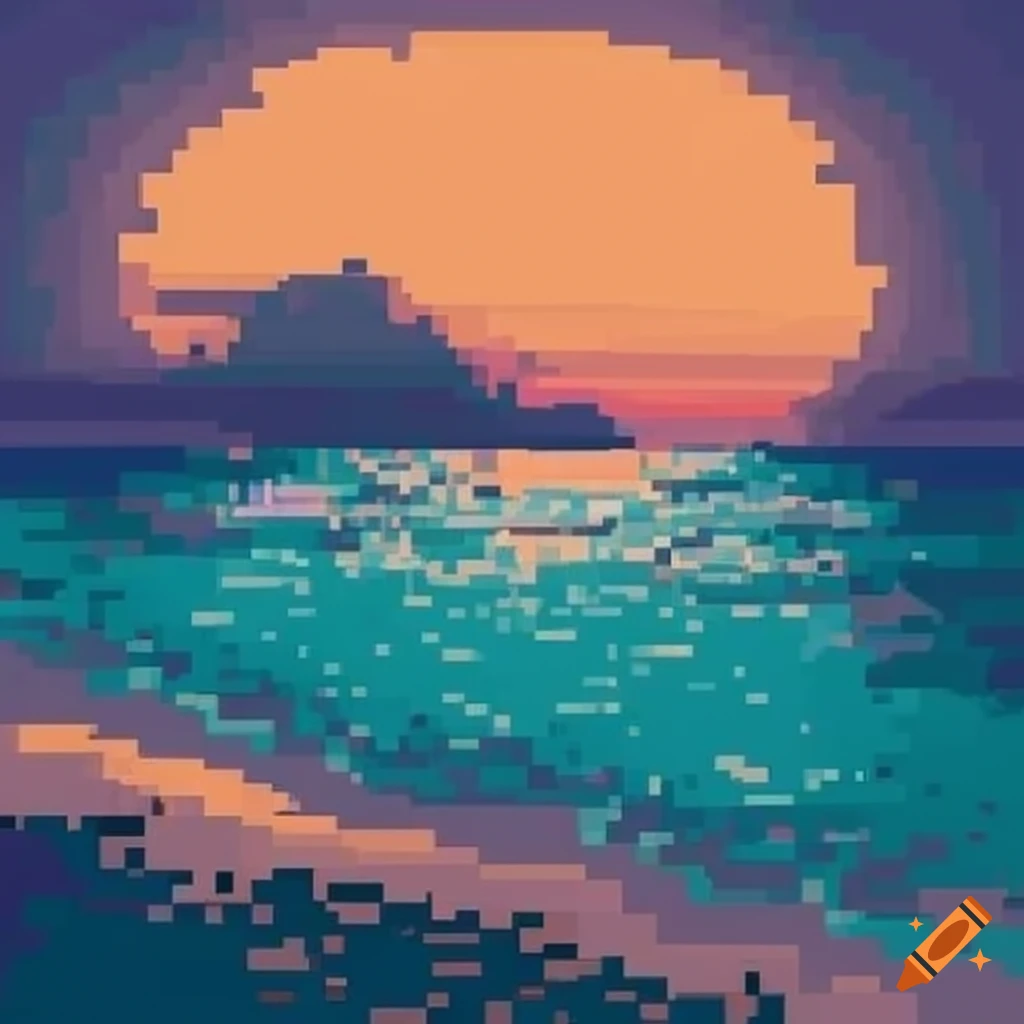 Pixel art of a serene beach at sunrise on Craiyon
