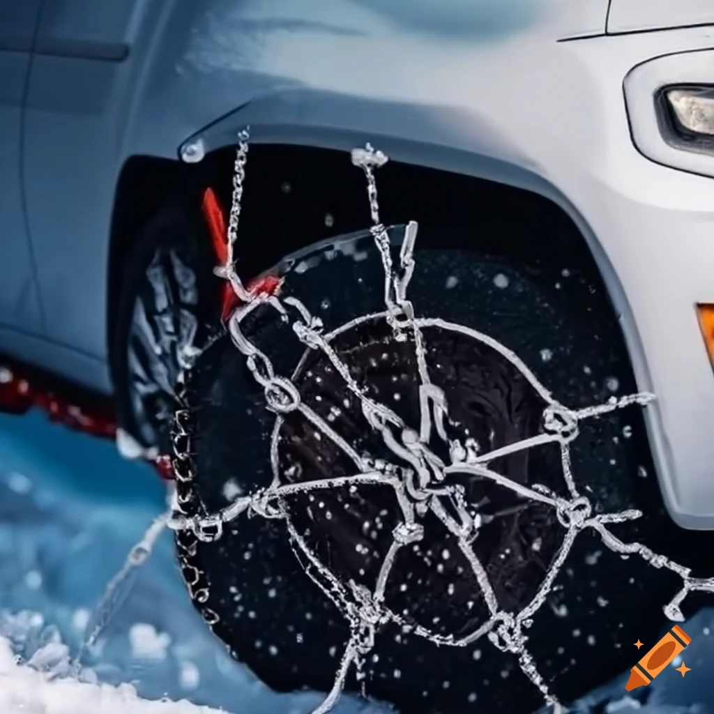 Snow chains on a gray SUV for winter traction on Craiyon