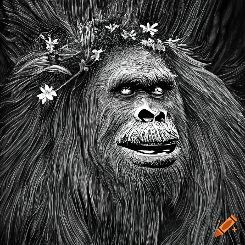 Smiling bigfoot wearing a flower crown in a forest setting on Craiyon