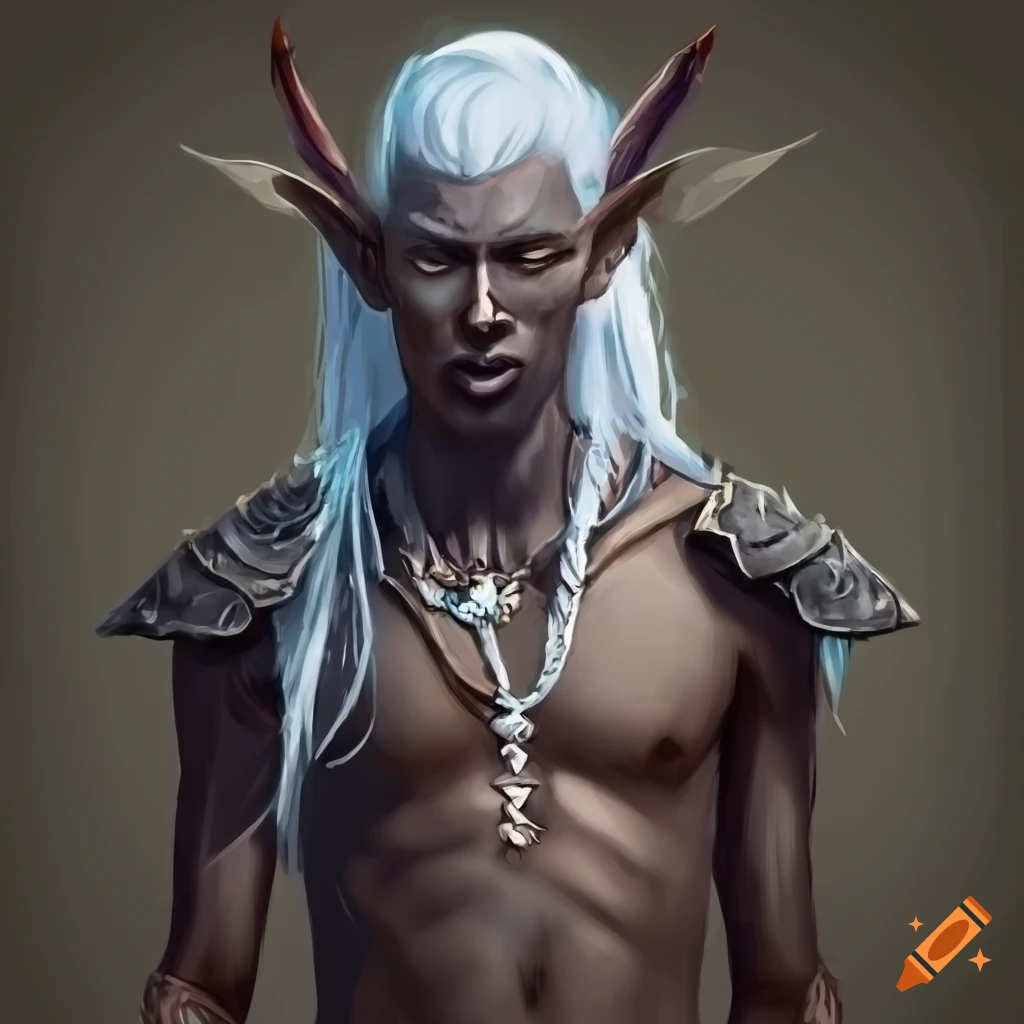 Dark-skinned elf man in arabian desert nomad armor with scimitars and ...