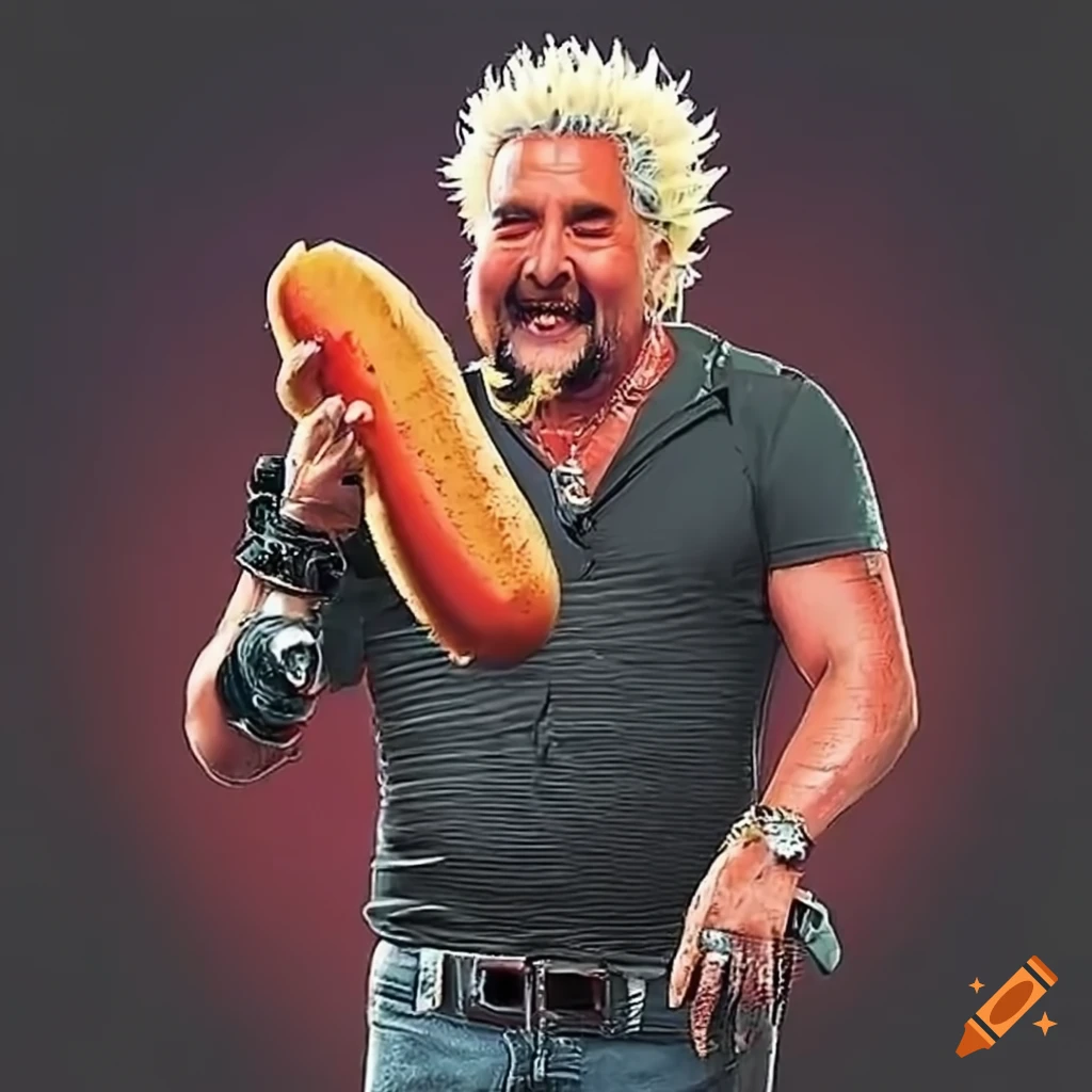 Guy Fieri with a hotdog machine gun on Craiyon