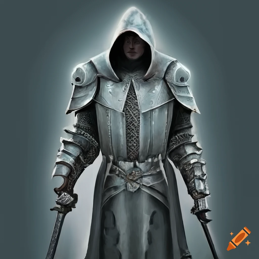 Mystical knight in hooded armor with sacred symbol on Craiyon