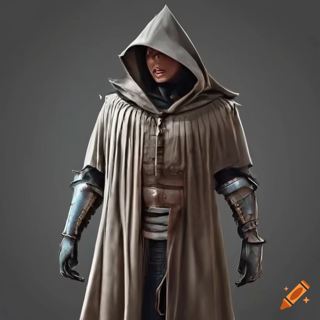 Hooded man in full-body cloak with intimidating armor on Craiyon