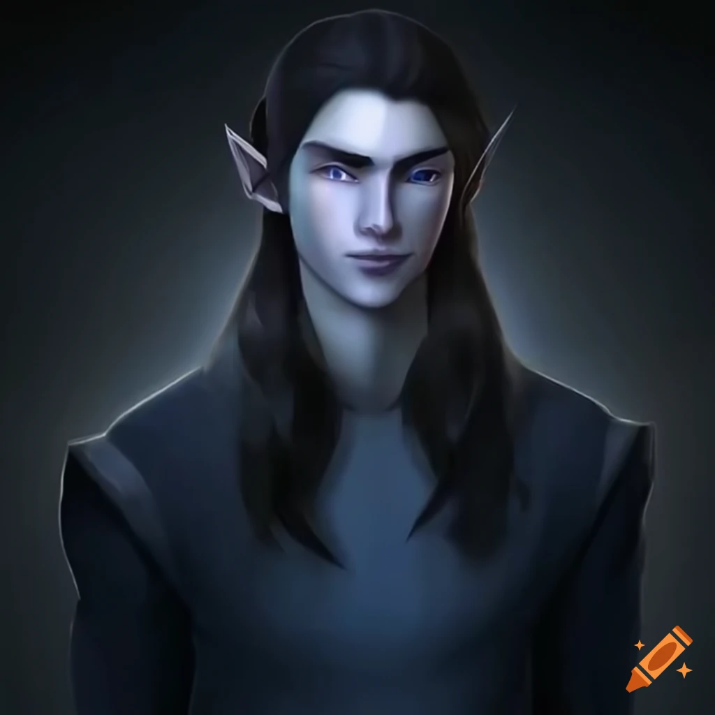 Realistic male elf with light purple-grey skin and sapphire blue eyes ...