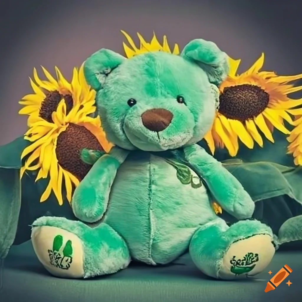 Green teddy bear surrounded by sunflowers on Craiyon