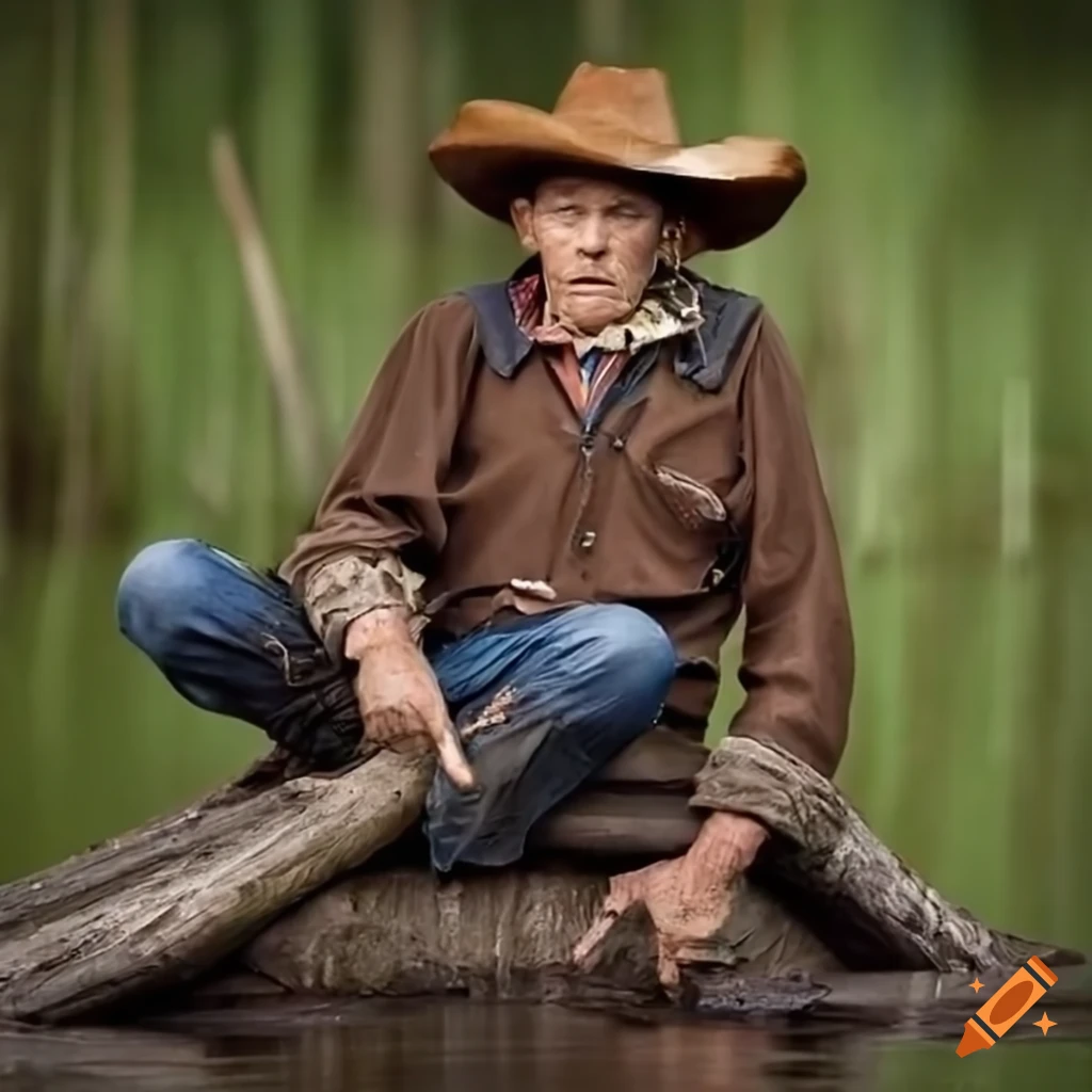 Cowboy in traditional garb sitting on a log in a swamp smoking a cigar ...