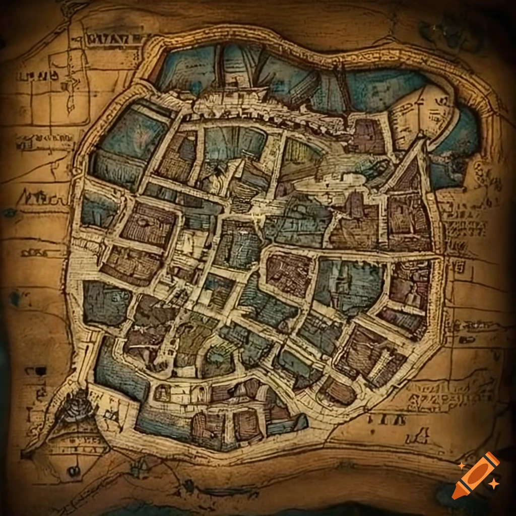 Elaborate map of the mystical medieval city of Perdition with unique ...