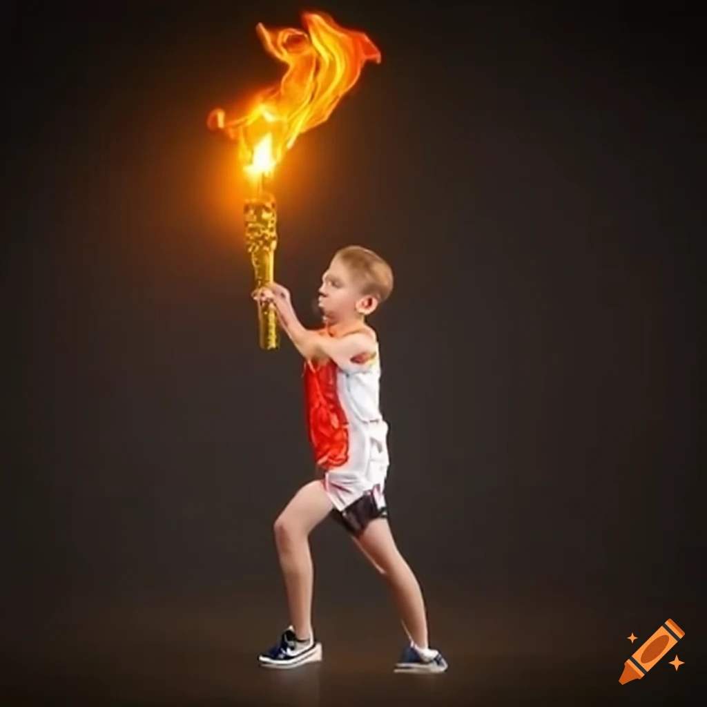 Young athlete carrying the olympic torch while running on Craiyon