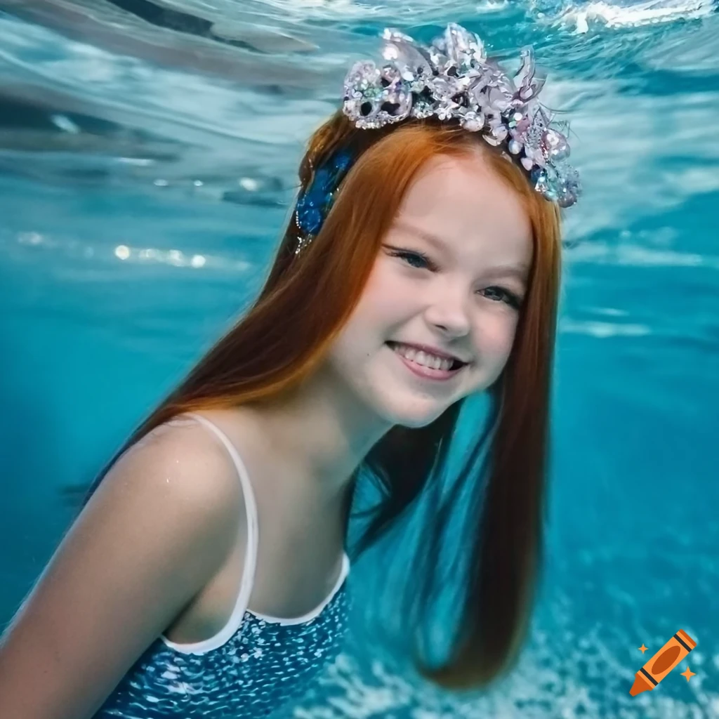 Mermaid tweens with ginger hair swimming underwater in a pool on Craiyon