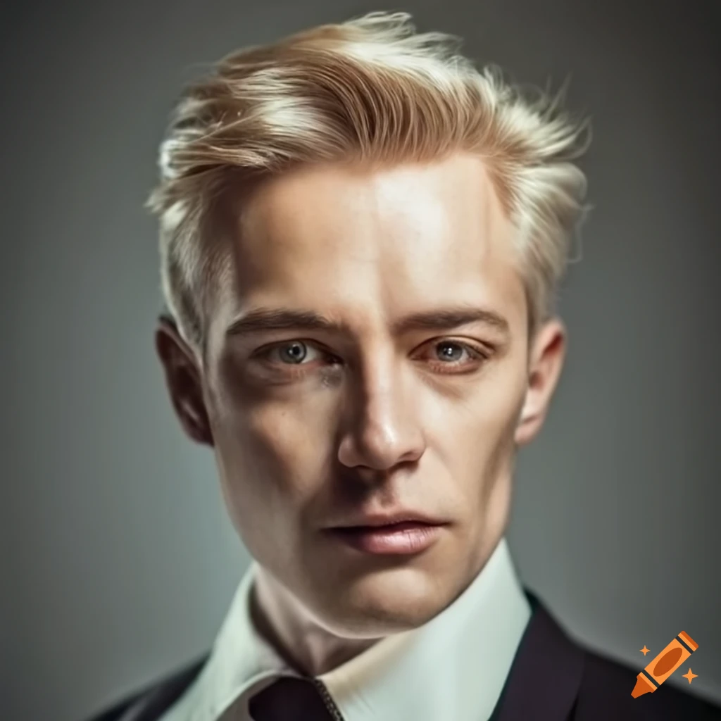 Elegant mature man with short wavy blond hair and stern expression on ...