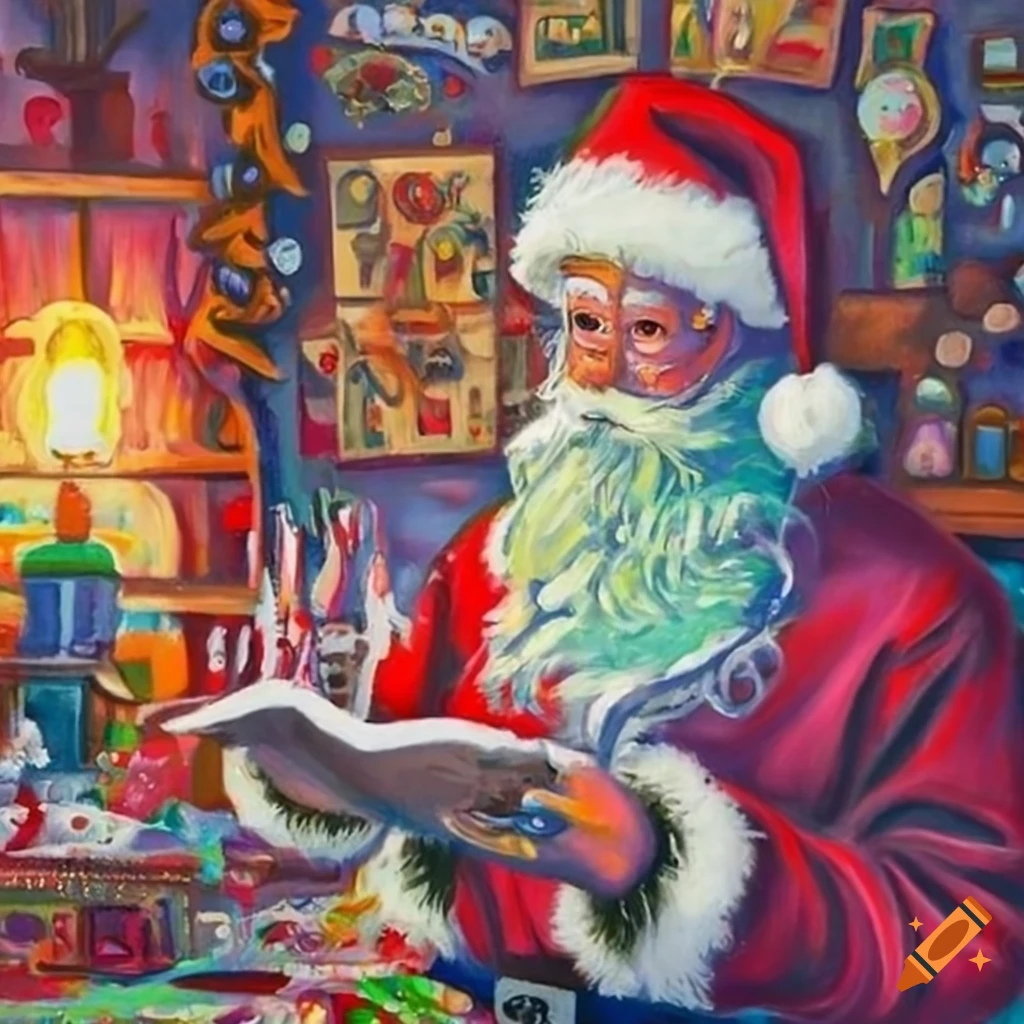 Santa claus at his workshop in a lisa frank illustration on Craiyon