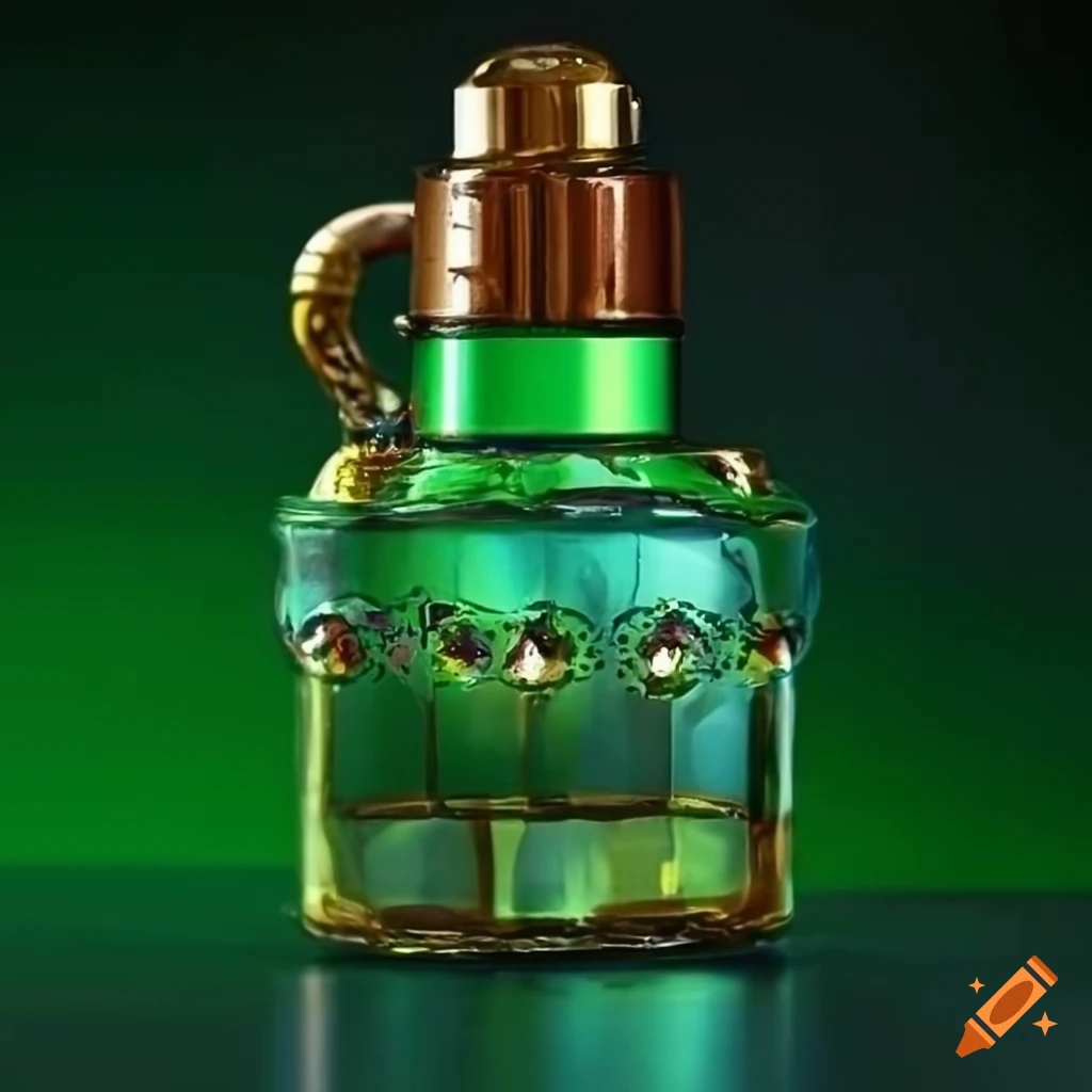Green venom serum bottle with colorful gems and silver plating in a ...