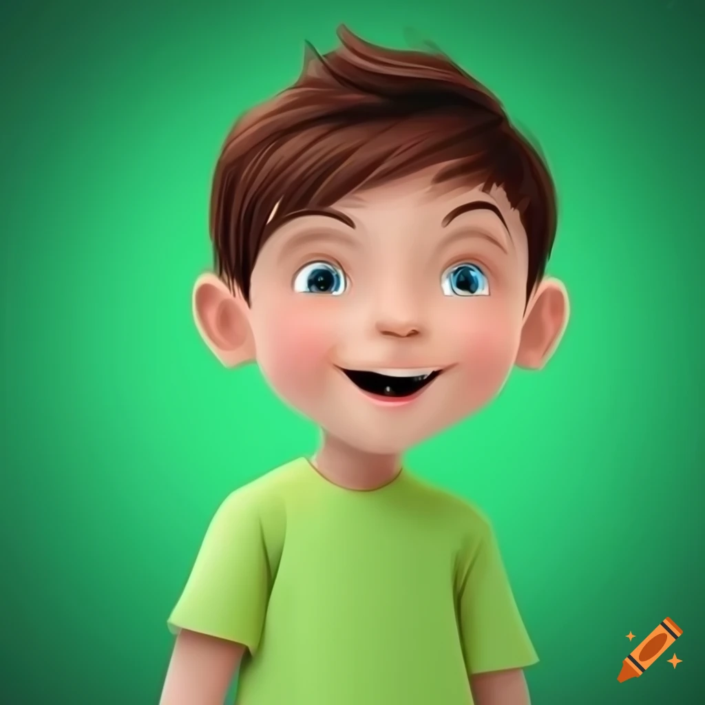 Happy boy with animated face on green gradient background on Craiyon