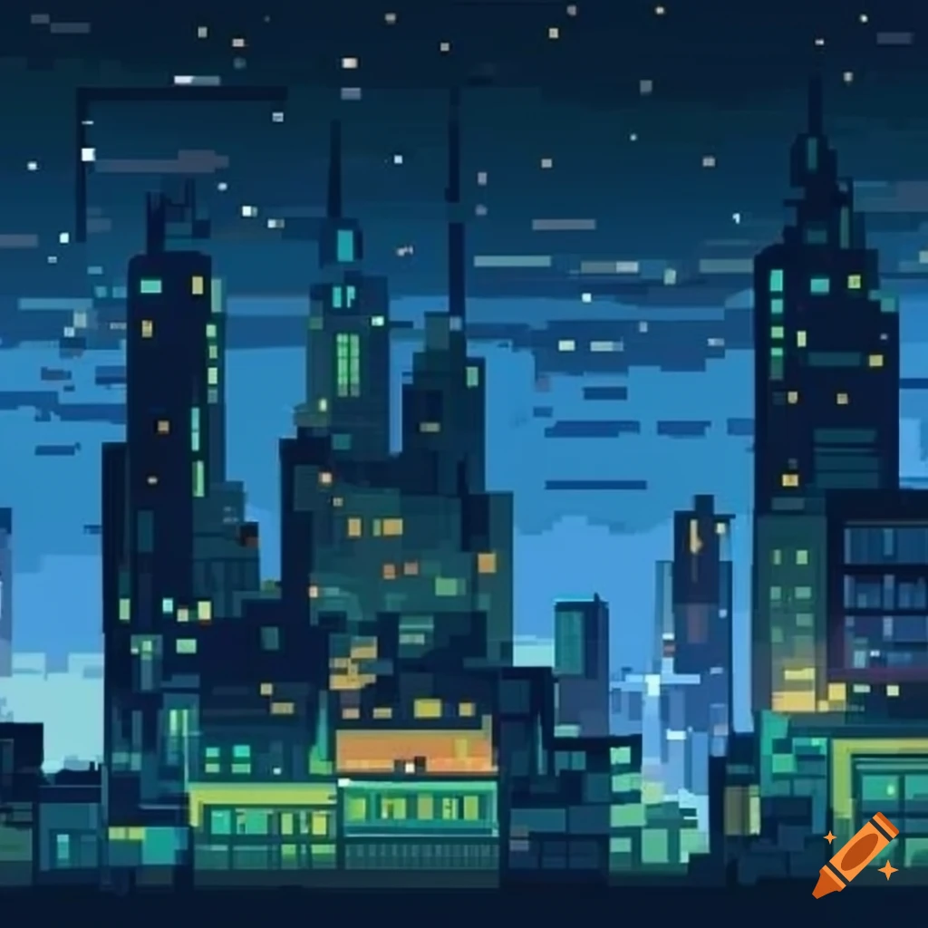 Detailed pixel art city scape at night on Craiyon