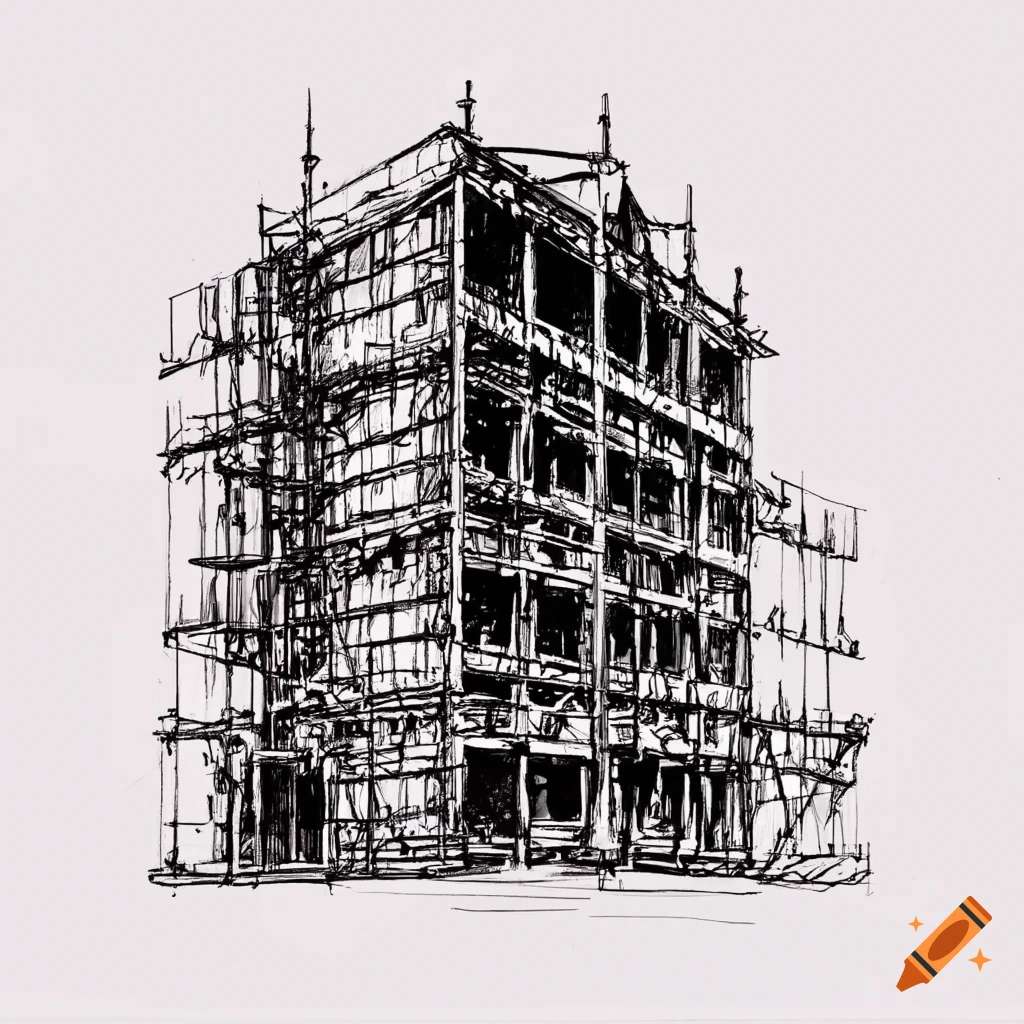 Technical sketch of building scaffolding with fir wood and iron tubes ...