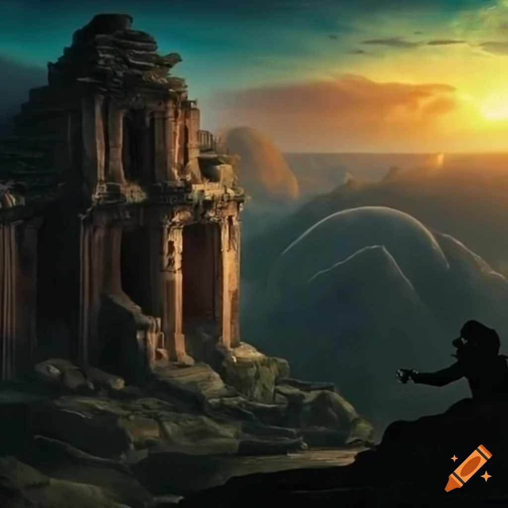 Explorer uncovering hidden gateway in ancient ruins to legendary world ...