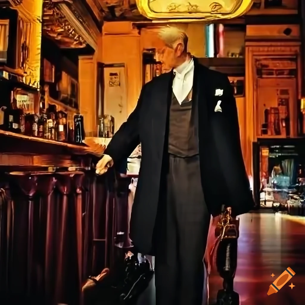 Wealthy man entering a bar in a rough city district with intense colors ...