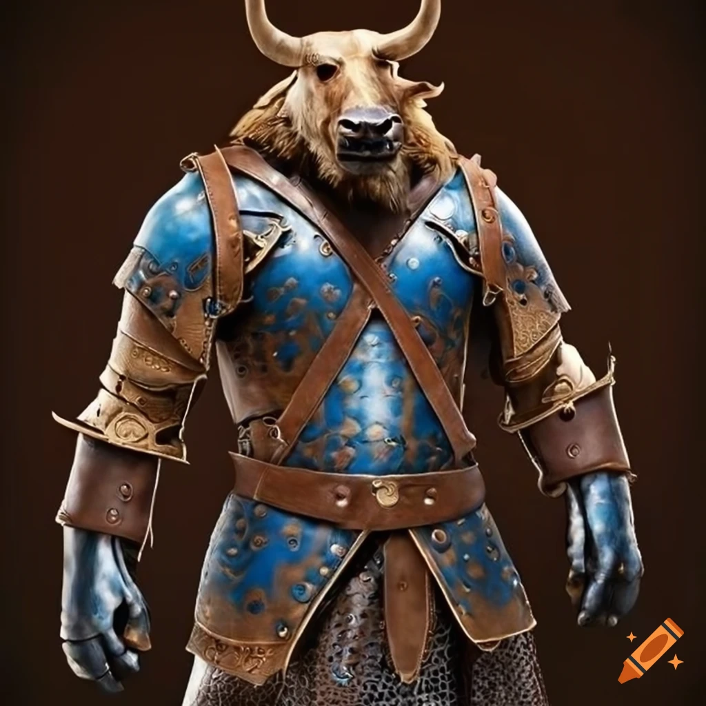 Heraldic Minotaur in medieval blue and brown armor on Craiyon