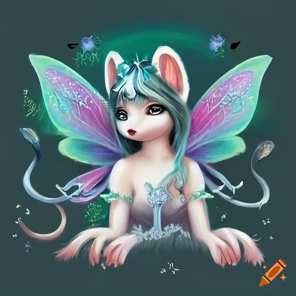 Elegant anthro mouse fairy goddess with white hair and wings in oil ...