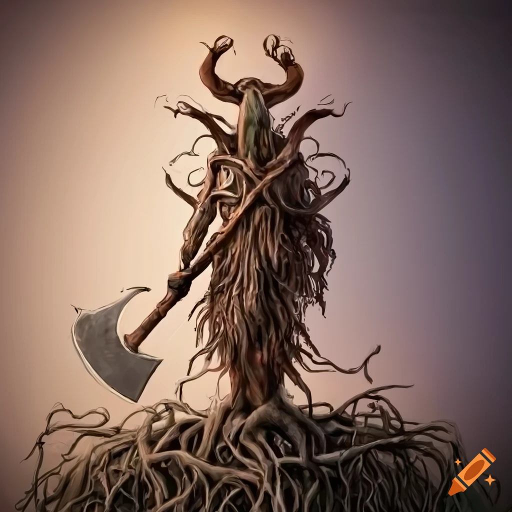 Warrior figure made of intertwined plant roots holding a battle axe on ...