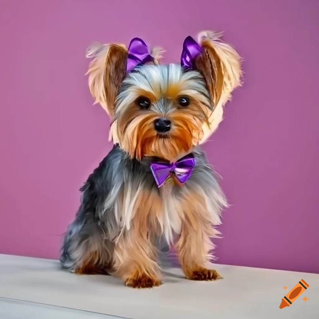 Fluffy yorkshire terrier with a metallic purple bow on Craiyon