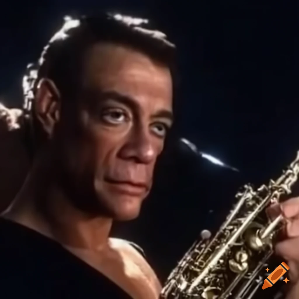 Jean claude van damme with a saxophone sniper rifle on Craiyon