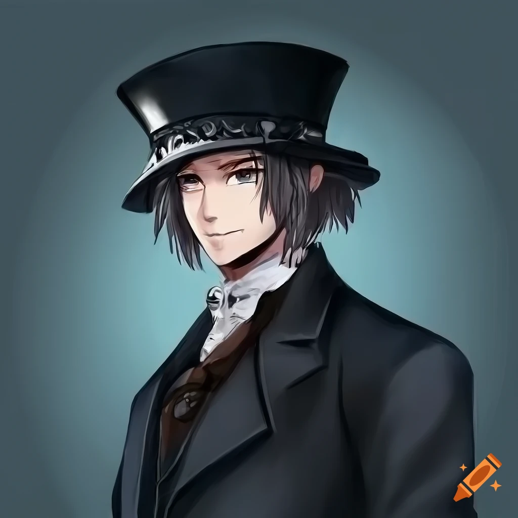 Victorian man with fox ears and cane in black coat, anime style on Craiyon