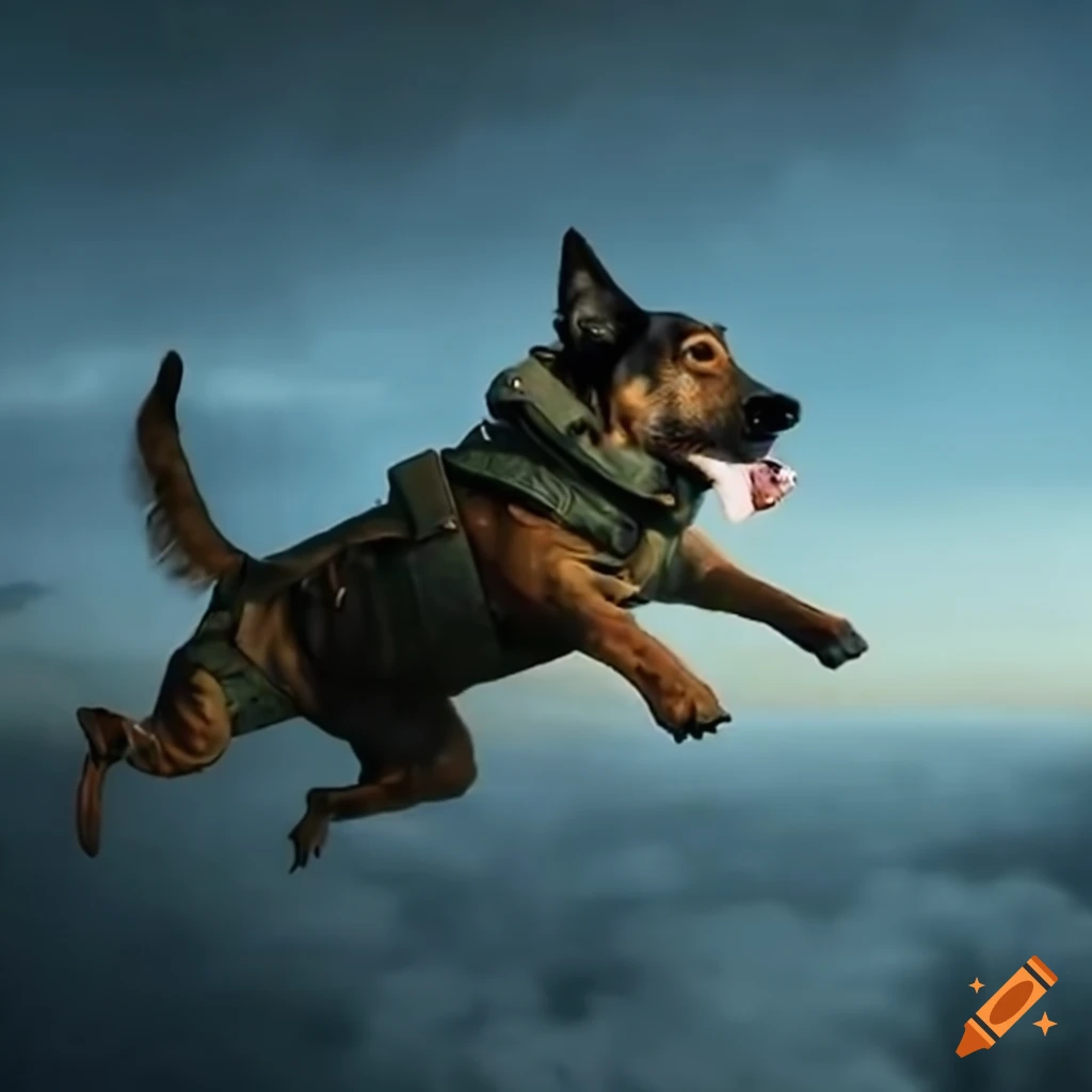Warrior dog paratrooper jumping from plane in World War I setting on ...