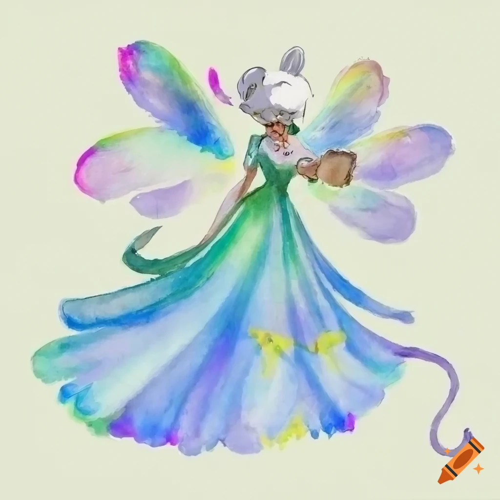 Elegant anthro mouse fairy with white hair and gown, iridescent wings ...