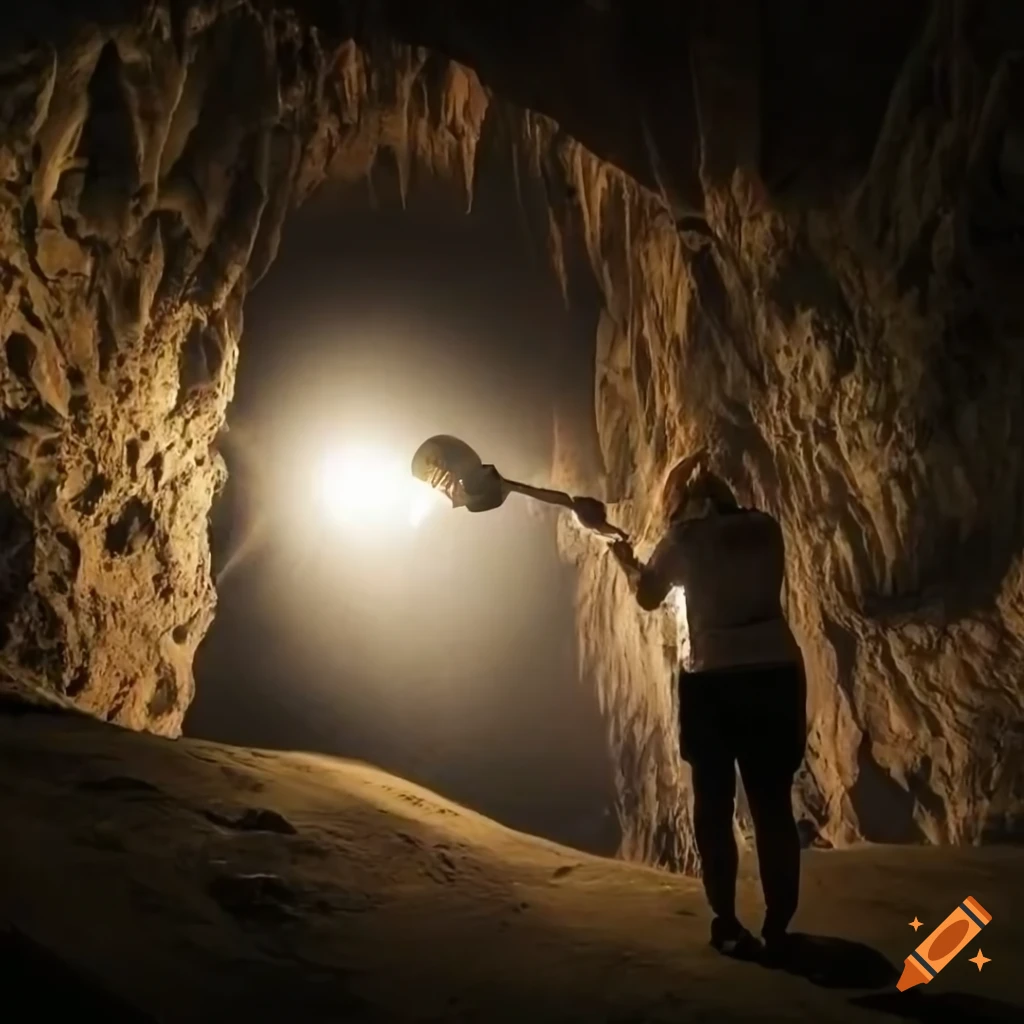 Person with a microphone standing in enhanced caves on Craiyon