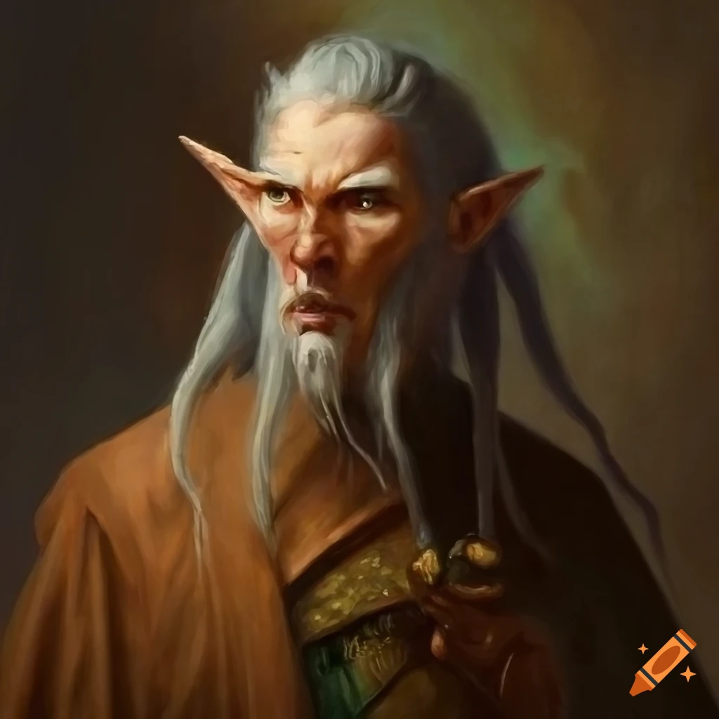 Ancient elf wizard with a rapier and robe on Craiyon