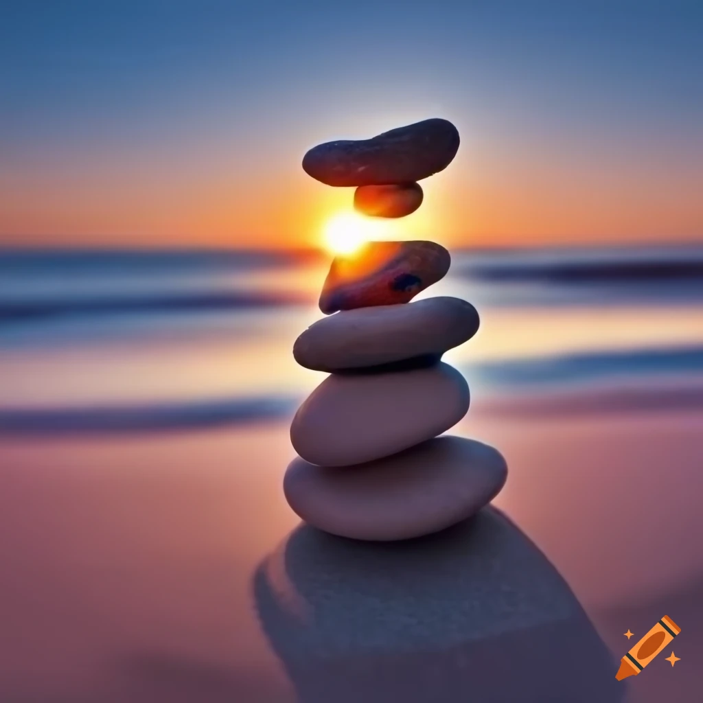 Stack of gem stones on a beach with ocean view during dawn on Craiyon
