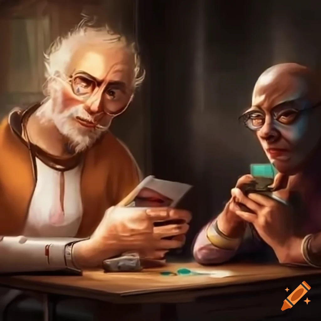 Person playing cards with a mischievous and cheating expression on Craiyon