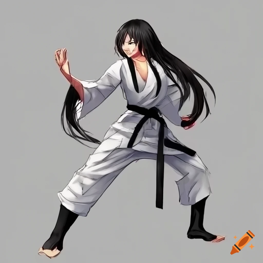 Female with black hair showcasing karate mastery in anime art style on ...