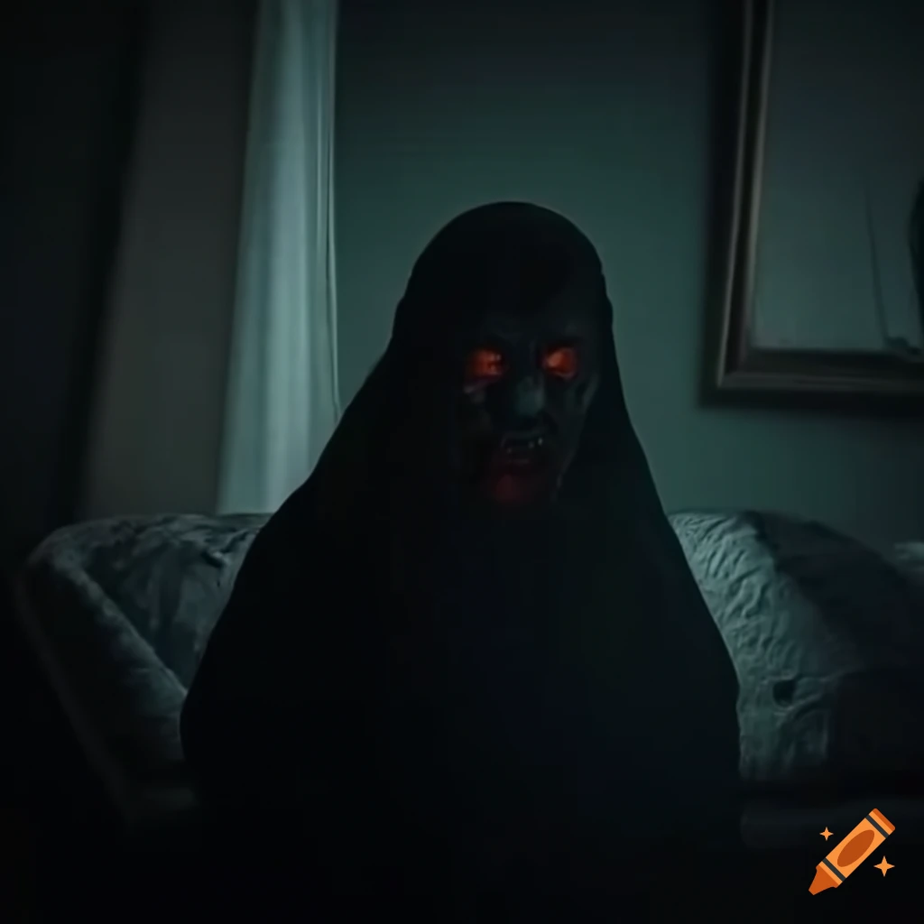 Dark paranormal monster entity in a living room with cinematic lighting ...