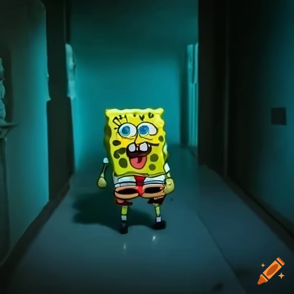 Spongebob squarepants exploring mysterious backrooms in photorealistic ...