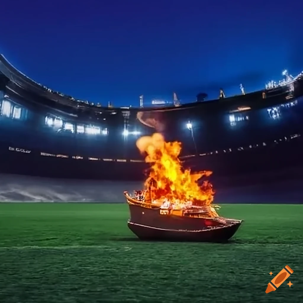 Burning ship in a silly and comical scene on a soccer field on Craiyon