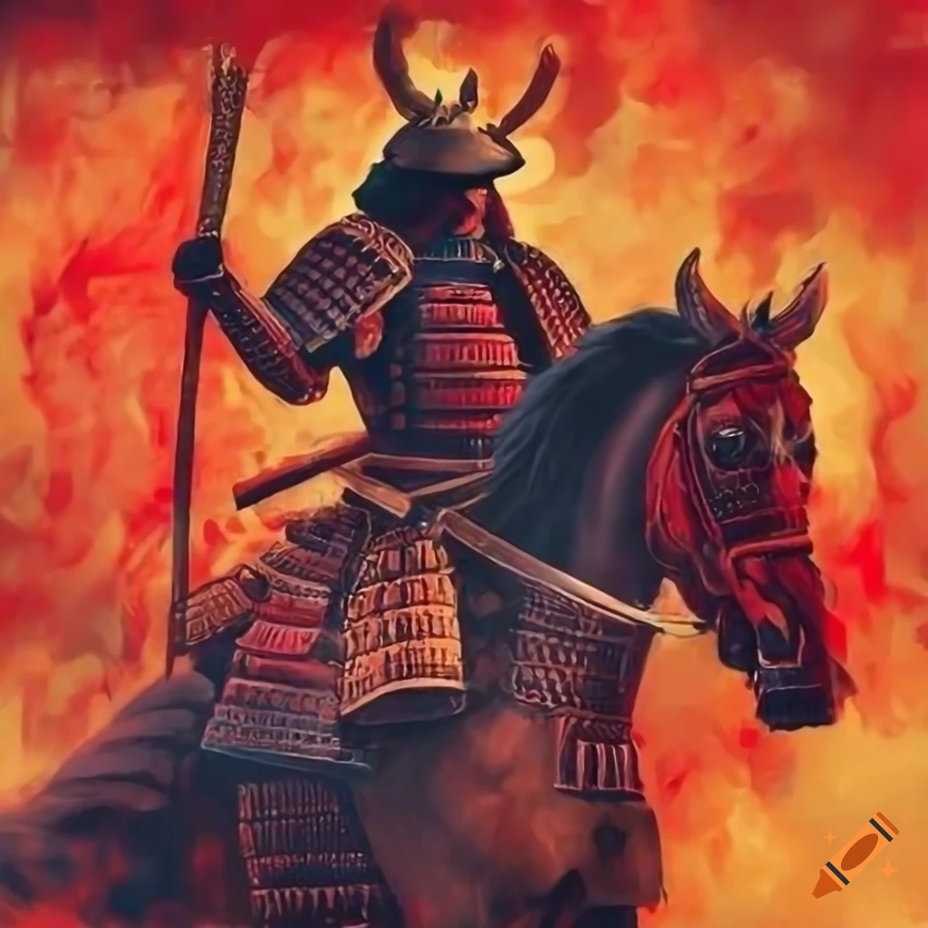 Samurai riding horse with red fire background in old painting style on ...