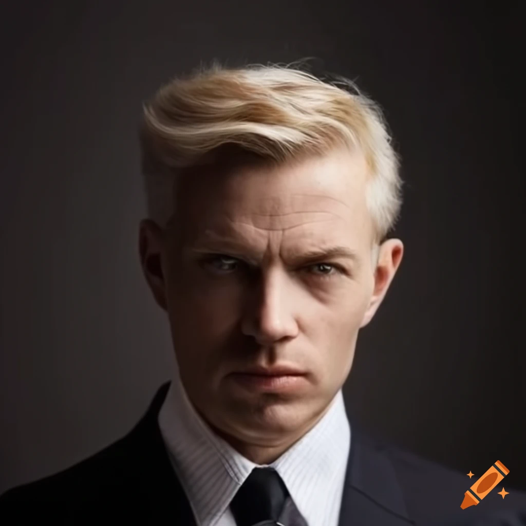 Elegant mature man with short wavy blond hair and a stern look on Craiyon