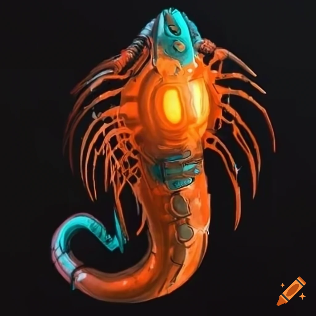 Orange bio-mechanical leech from a cyberpunk world on Craiyon