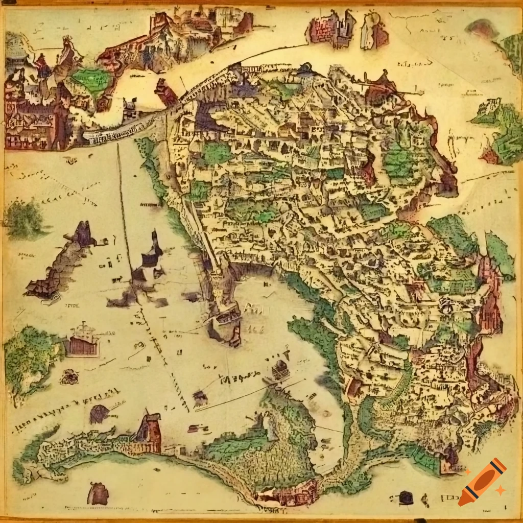Elaborate map of the mystical medieval city of perdition with unique ...