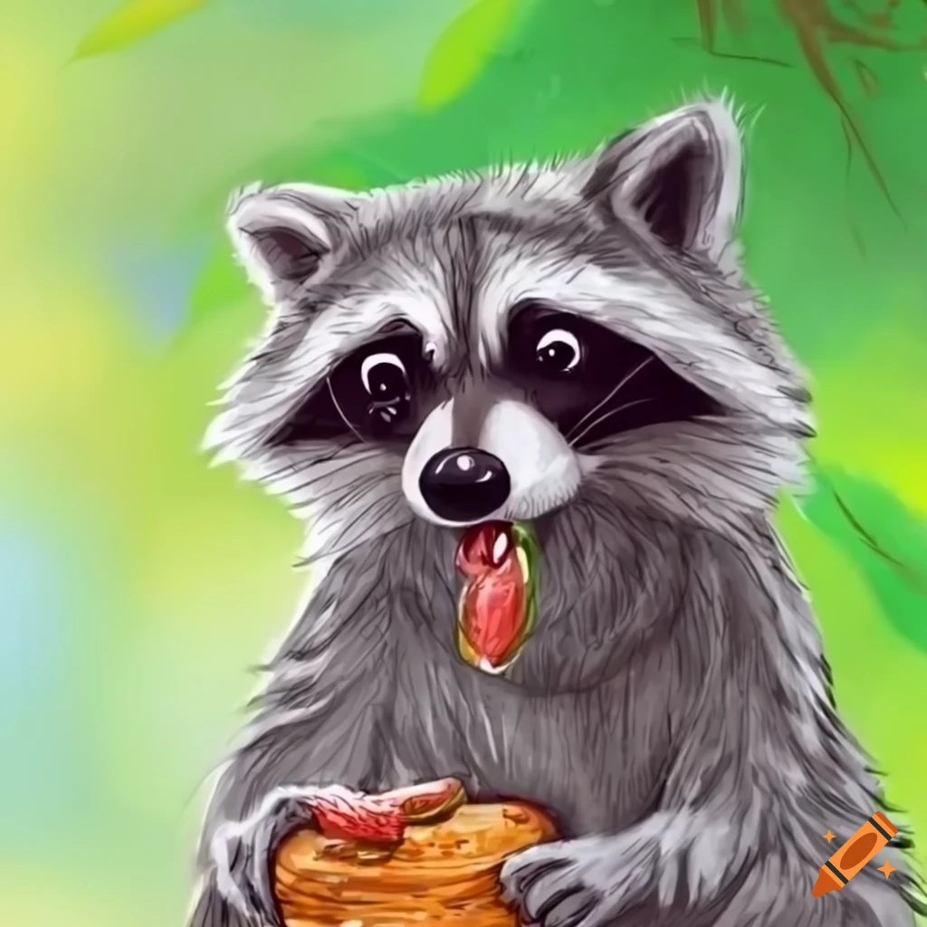 Adorable cartoon raccoon eating food in the woods on Craiyon