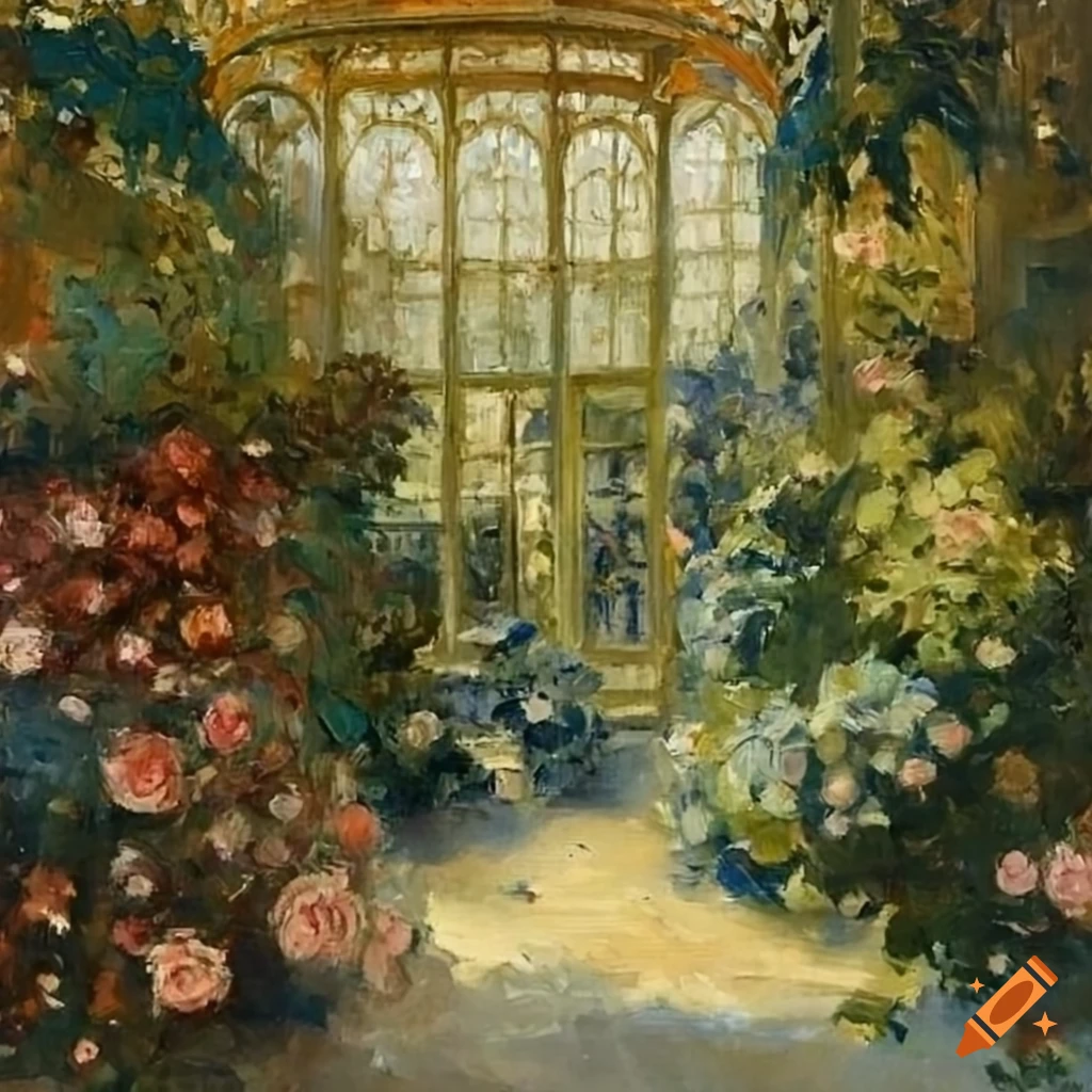 Victorian conservatory with hydrangeas, ferns, and roses under ...