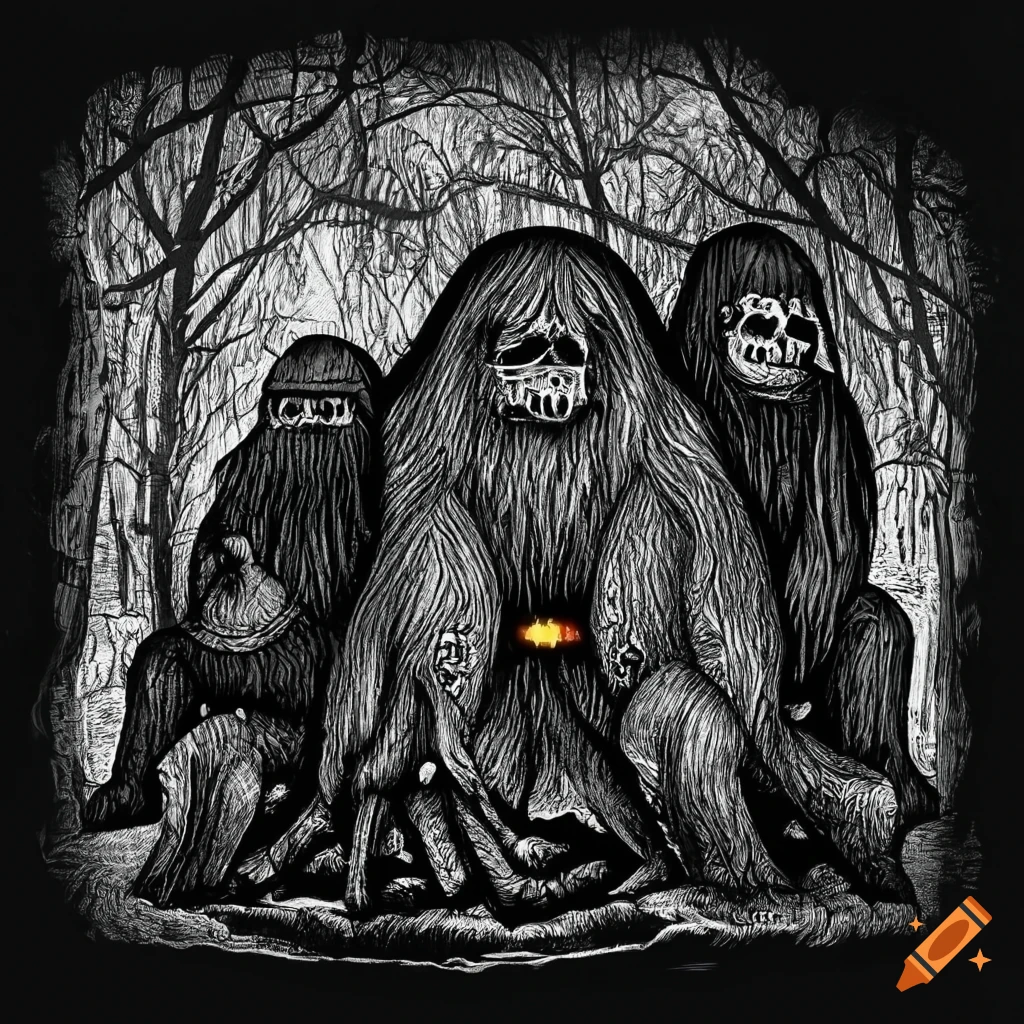 Spooky Sasquatch gathering around a campfire with UFO and ghostly ...