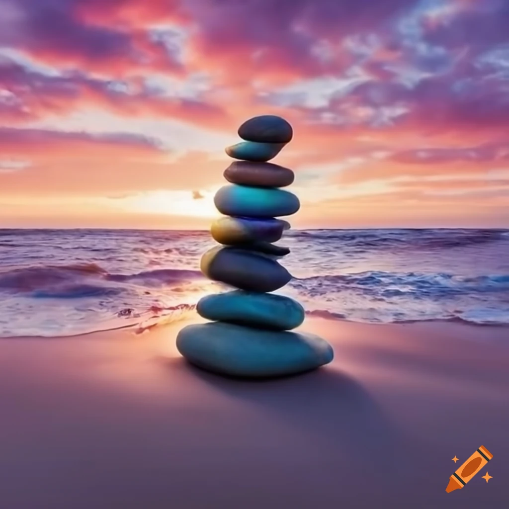 Stack of gem stones on a beach with ocean view during dawn on Craiyon