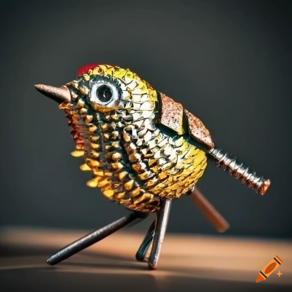 Intricate metallic sculpture of a goldcrest bird made of nails and ...
