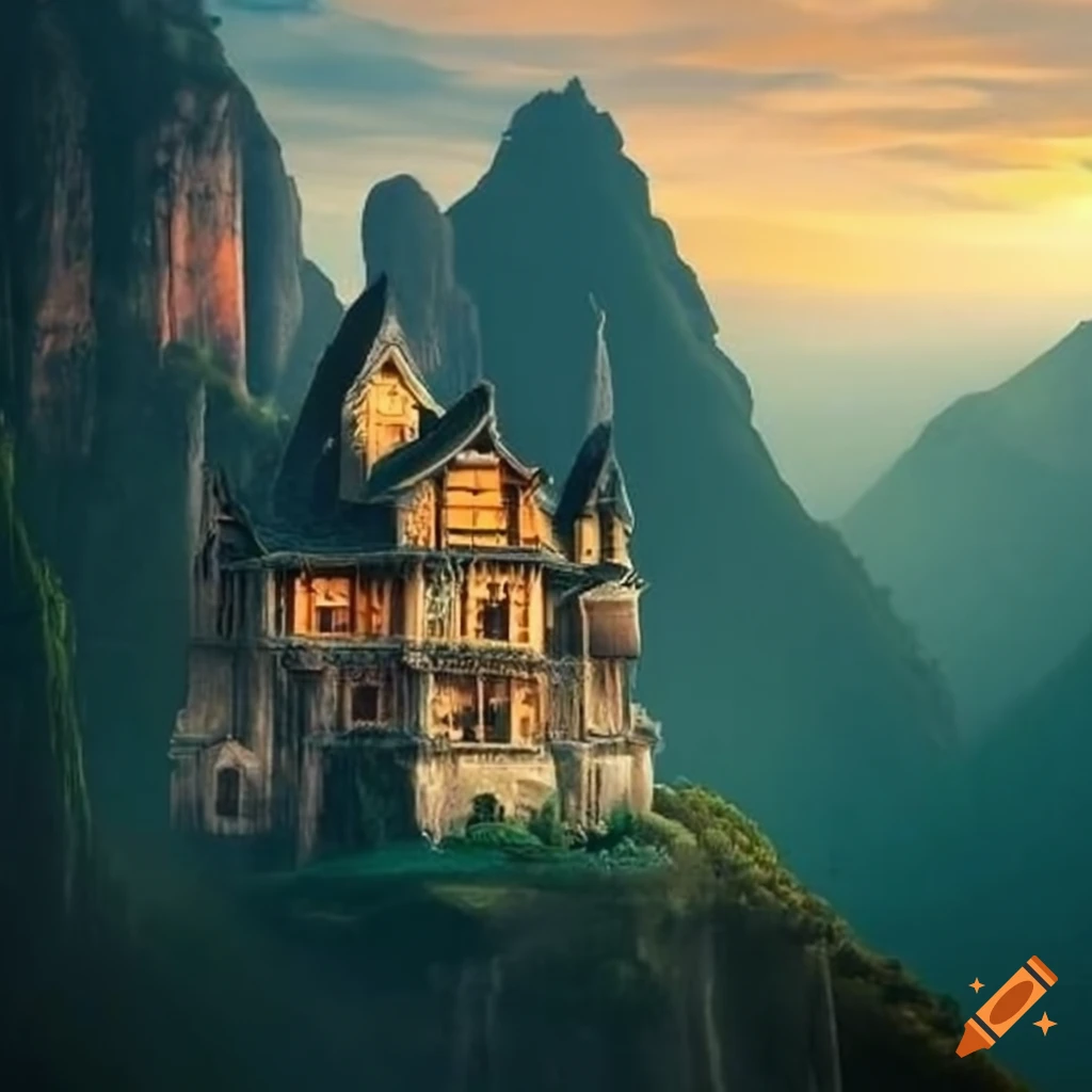 European fantasy house in Asian mountains near a cliff with highway ...