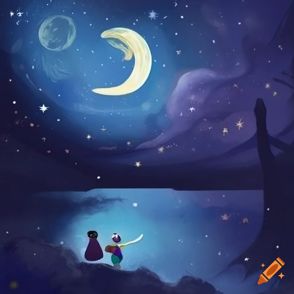 Starry night sky with moon, children's storybook illustration on Craiyon