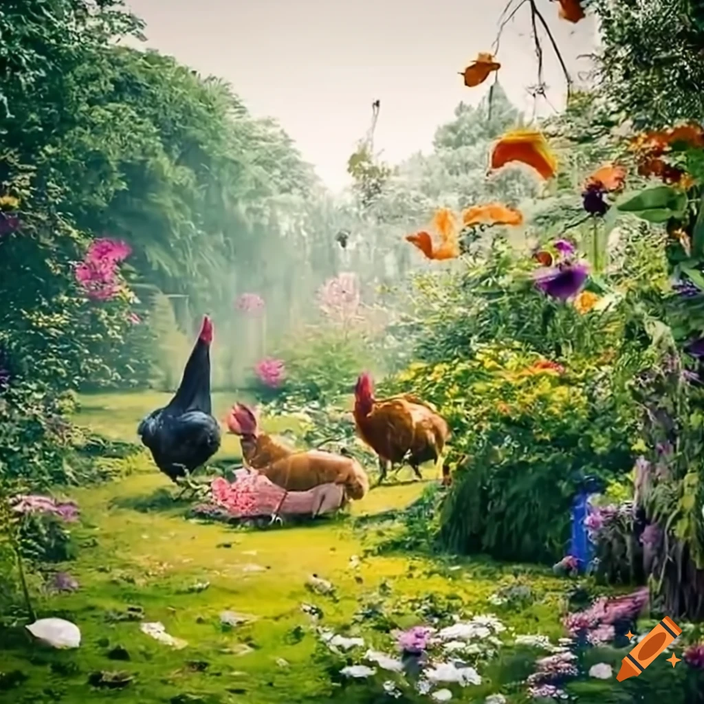 English country garden with flowers, hens, and washing line hit by a ...