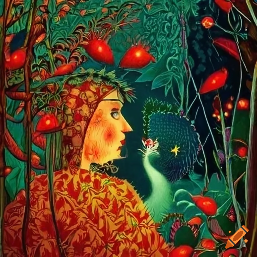 Illustration of a beautiful curandera wearing a peacock cloak in a ...